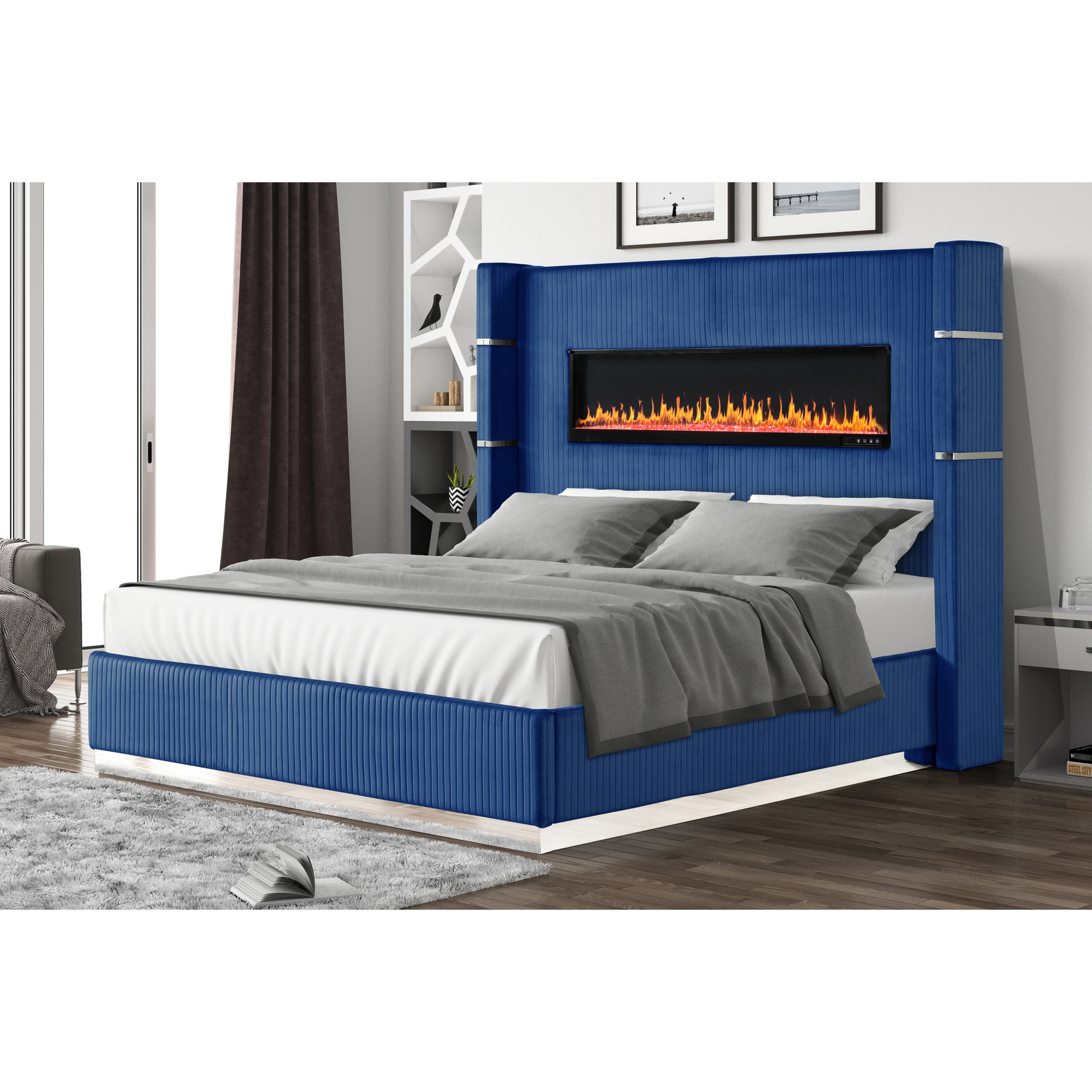 Wooden King Bed with Blue Velvet Upholstery, Fireplace Display and ...