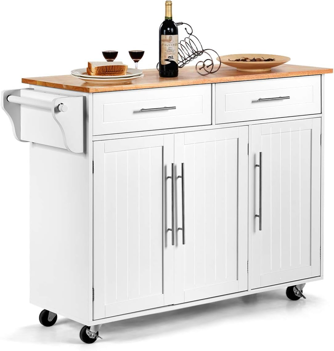 Wooden Kitchen Island on Wheels, Rolling Kitchen Cart with 2 Storage ...