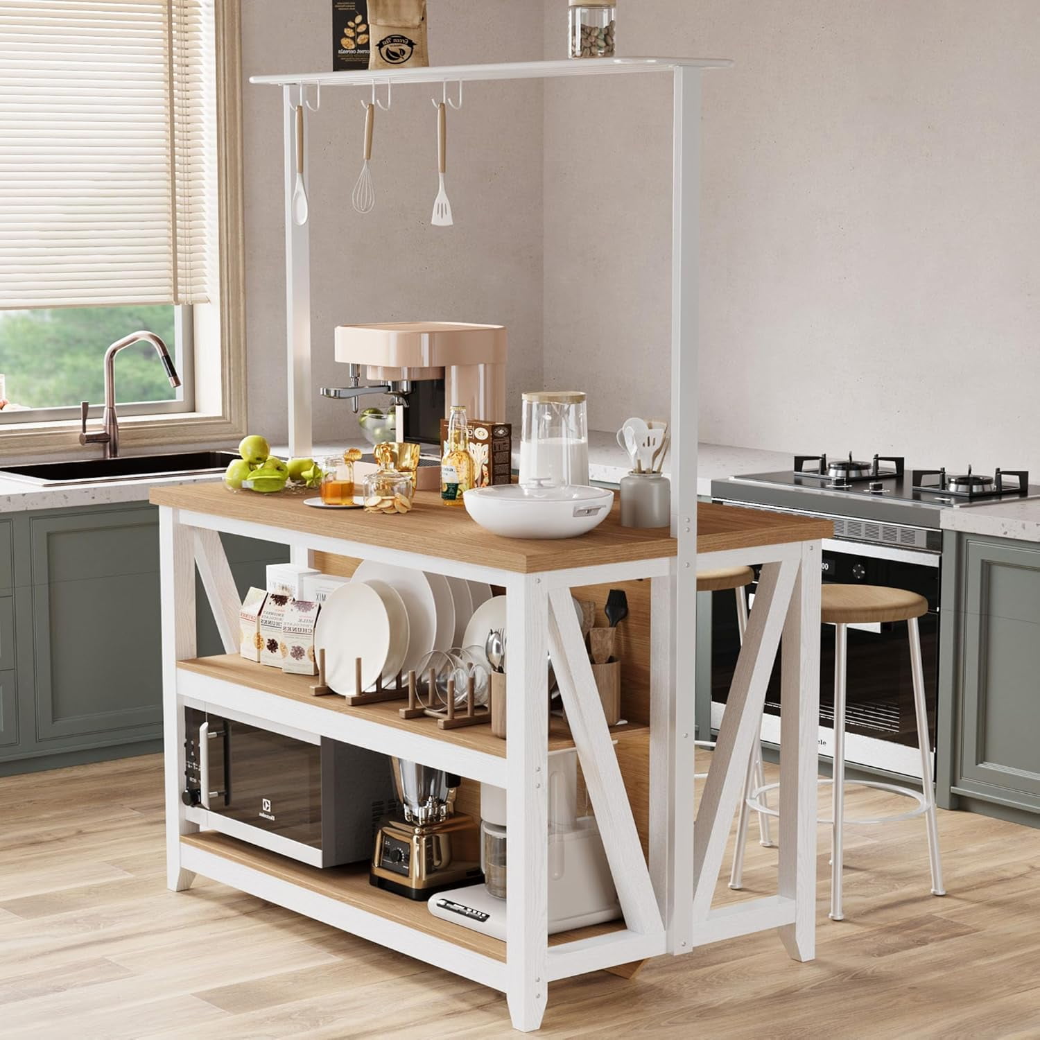 Wooden Kitchen Island with Power Outlet & LED Lights, 47" Kitchen ...