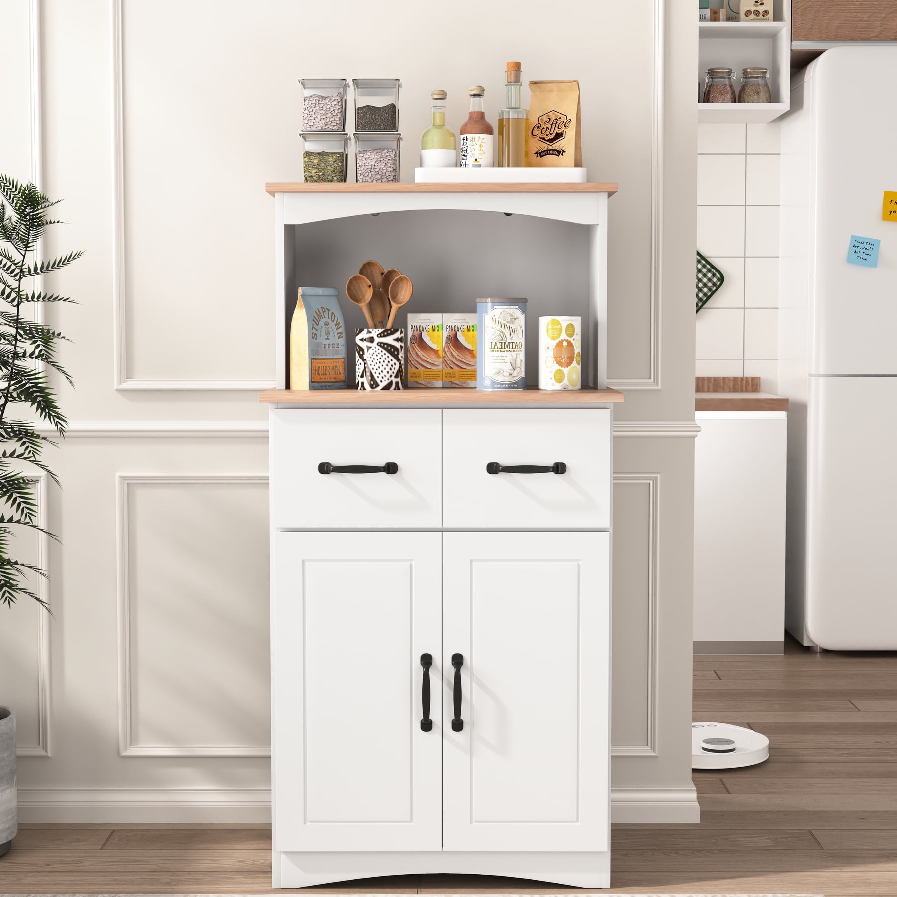 Wooden Kitchen Storage: White Pantry Cabinet With Microwave Space ...