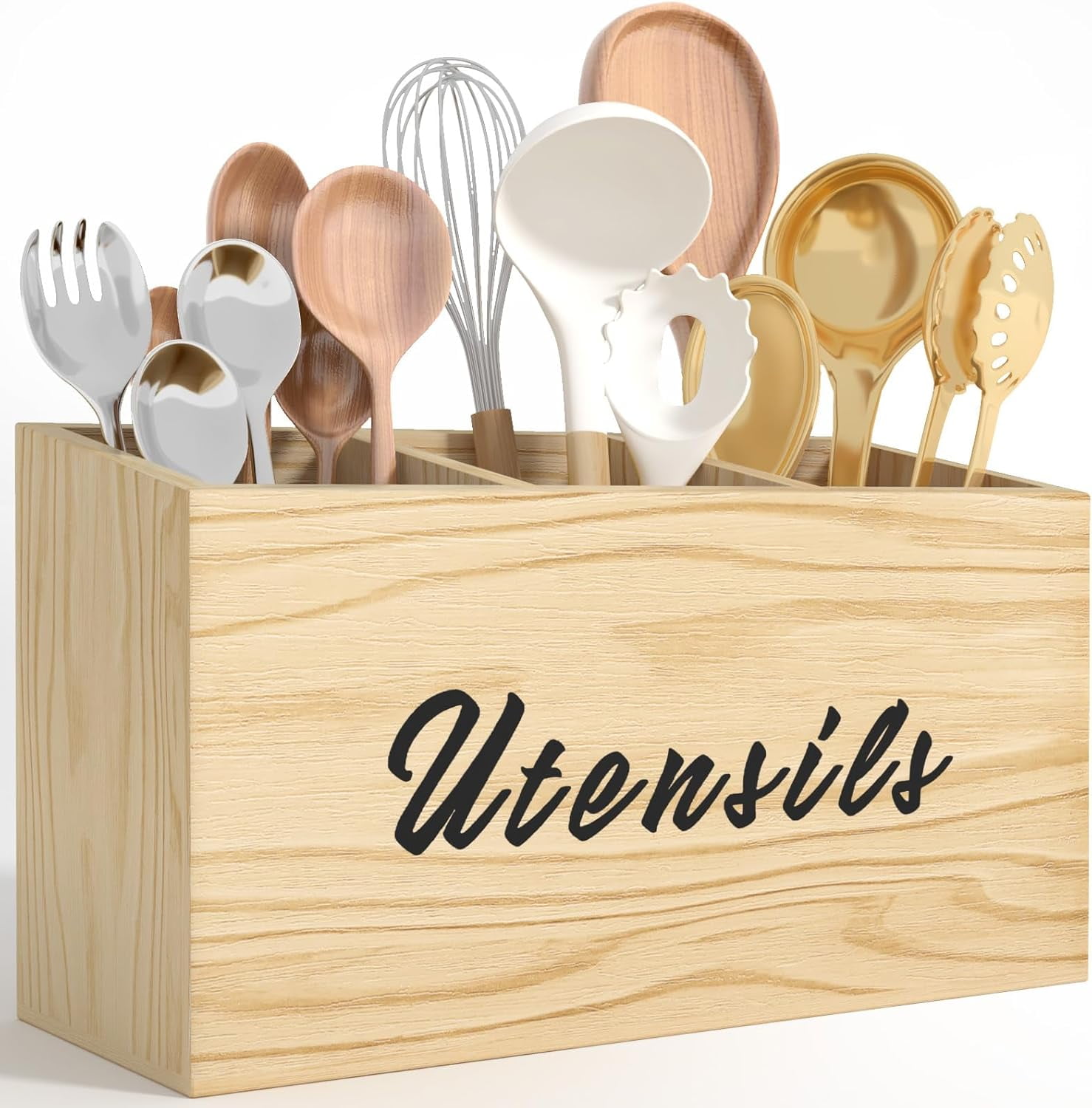 Wooden Kitchen Utensil Holder with 3 Compartments, Flatware Caddy ...