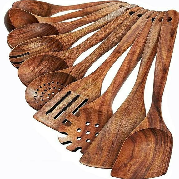Wooden Kitchen Utensils Set, 10-Piece Natural Wood Cooking Spoons for ...