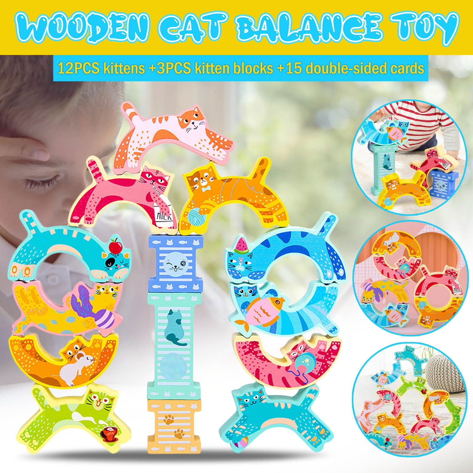 Wooden Kitten Stacking Set - 30+ Piece Block & Card Sorting Activity w/ Hardwood Blocks ...