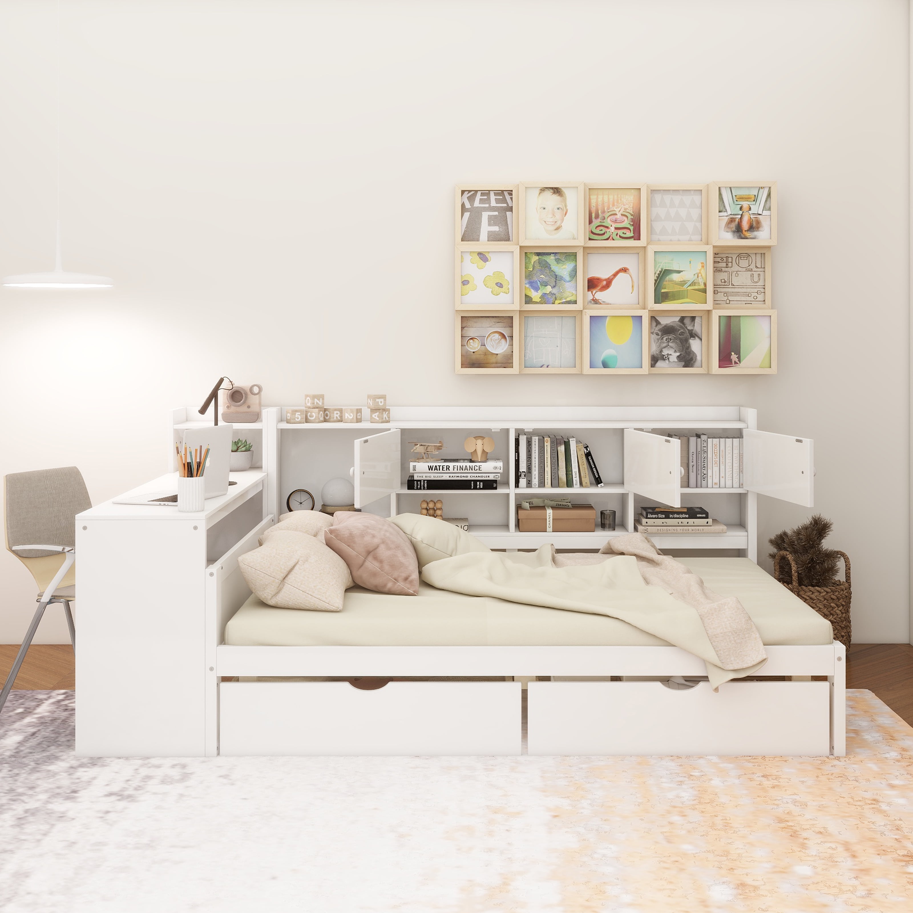 Wooden L-Shape Daybed with Seven Storage Cabinets and Two Storage ...