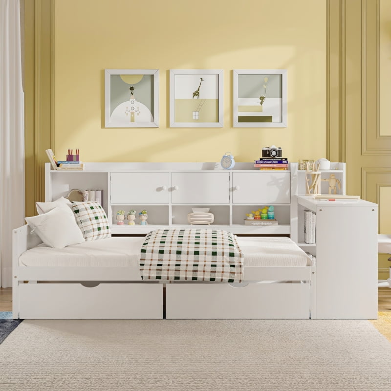 Wooden L-Shape Daybed with Seven Storage Cabinets and Two Storage ...