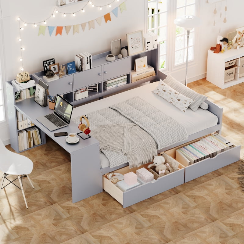 Wooden L-Shape Daybed with Seven Storage Cabinets and Two Storage ...