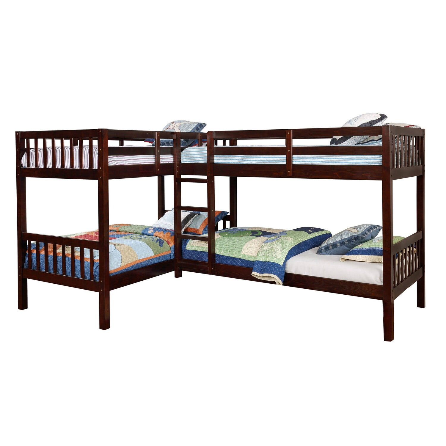 Wooden L Shaped Twin Quad Bunk Bed with Attached Ladder-Brown - Walmart.com