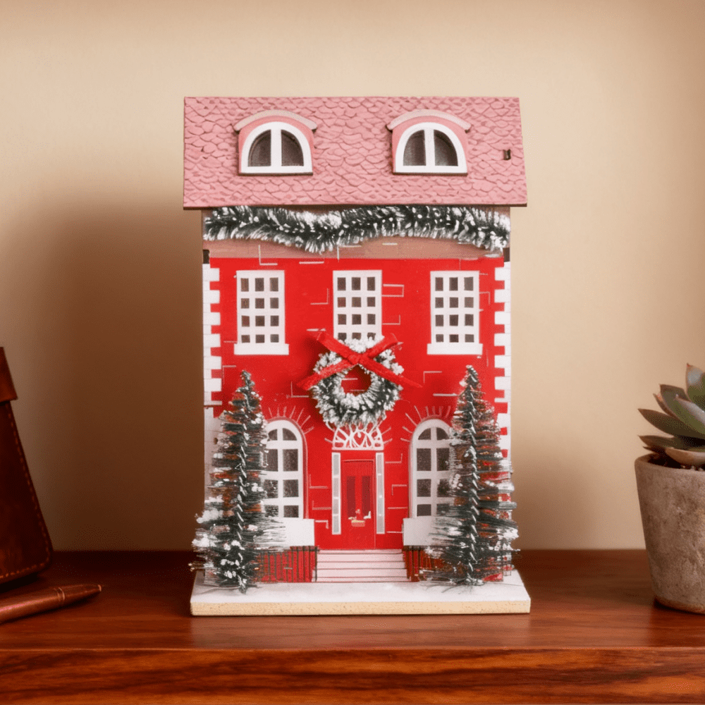 Wooden LED Christmas Decorations (Red House) - Mini LED Glow Scene ...