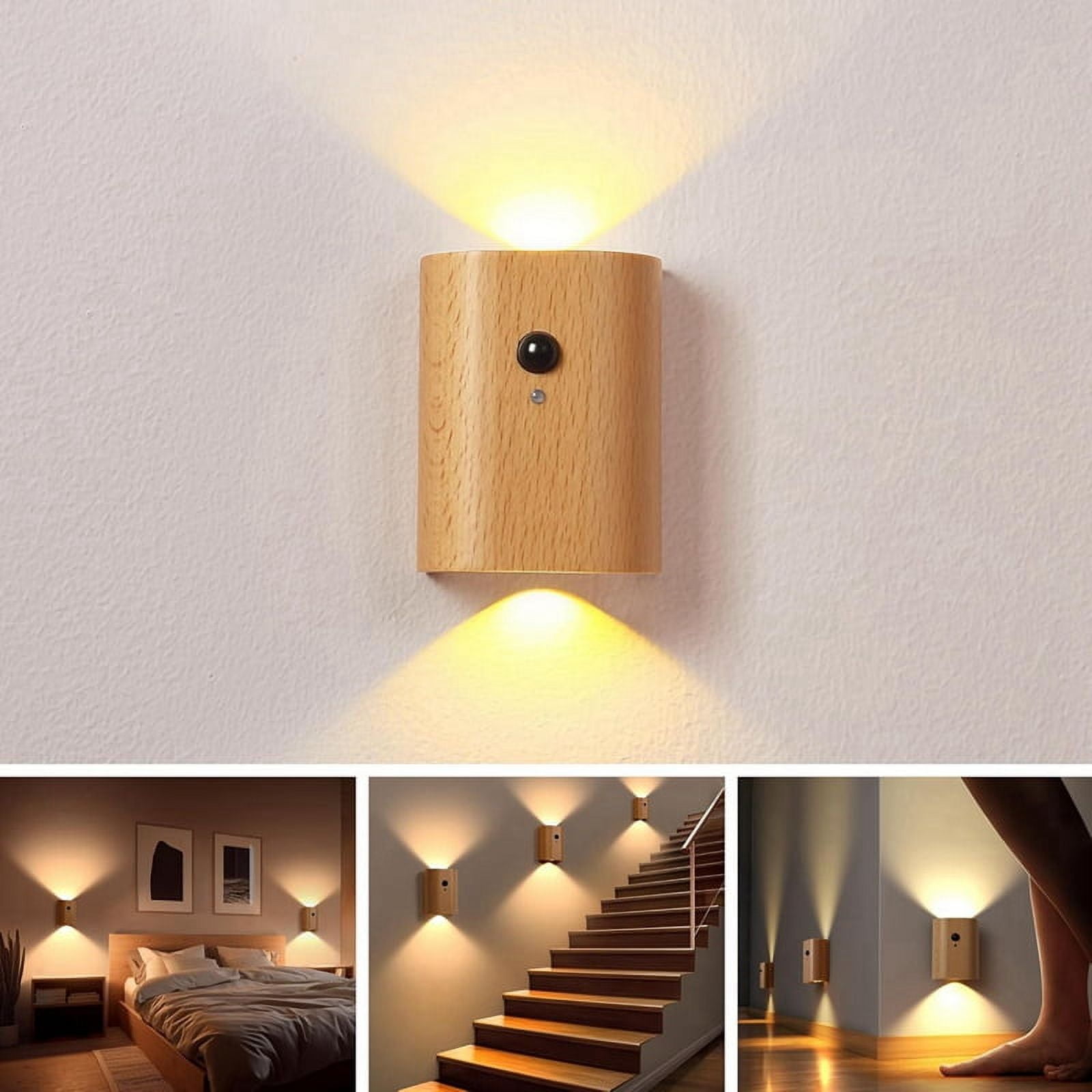 Wooden LED Wall Lamp Human Body Sensing Infrared Night Light USB ...