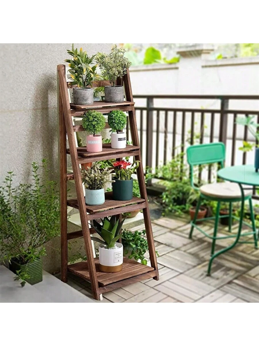 Wooden Ladder Shelf, 4 Tier Plant Stand Flower Display Stand Folding ...