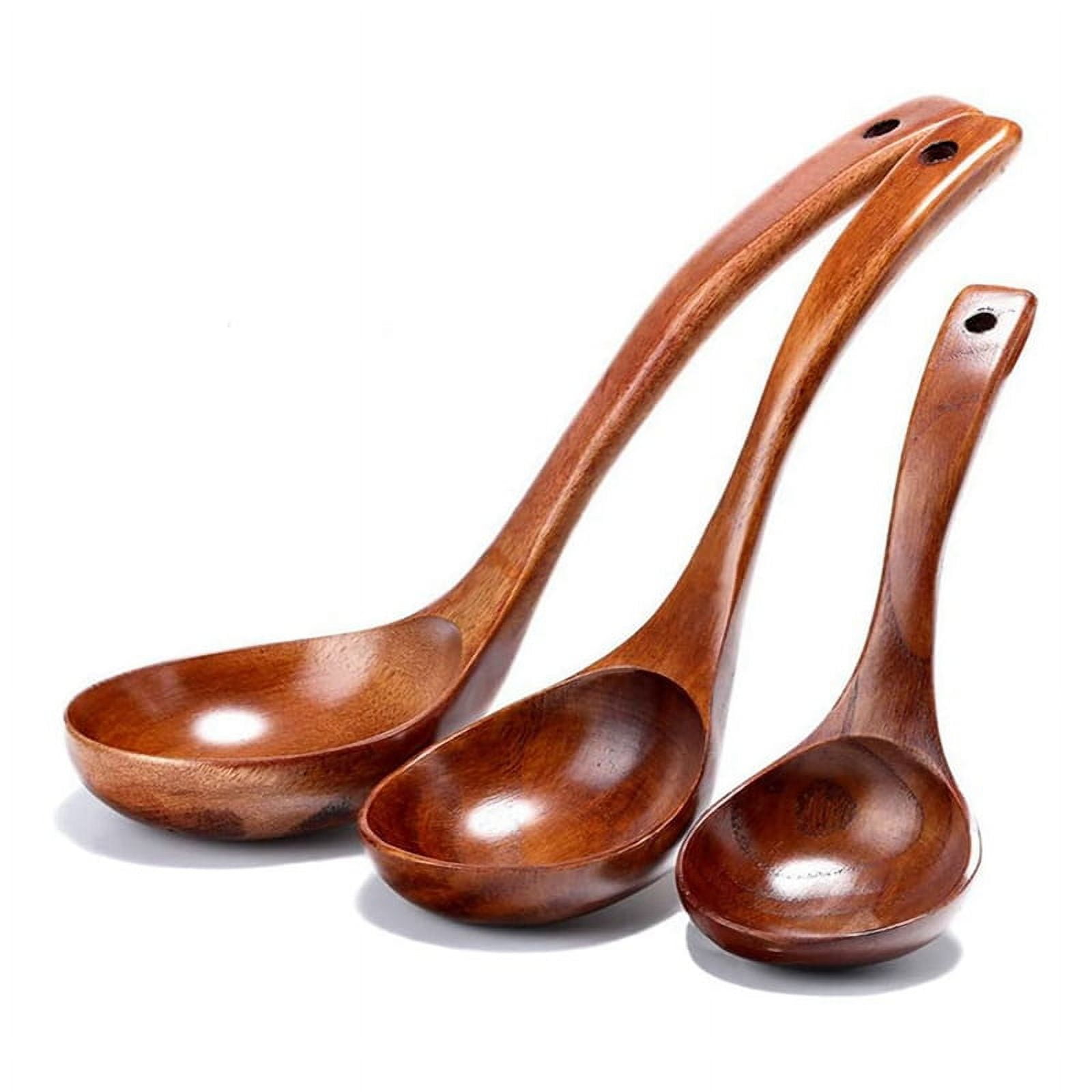 Wooden Ladle Spoon Set Long Handle Soup for Pot & Bowl Non-Stick ...