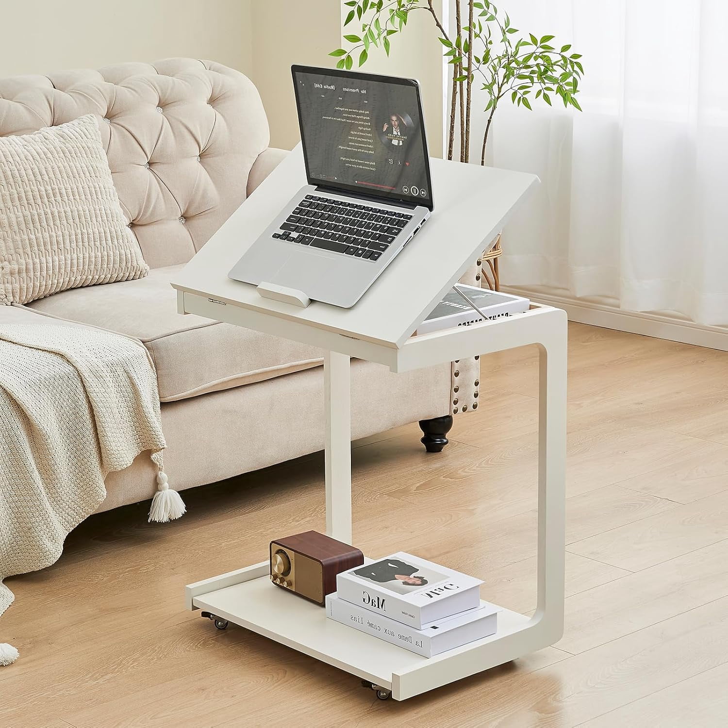 Wooden Laptop Table with Wheels - Small C Shaped Table for Laptop ...