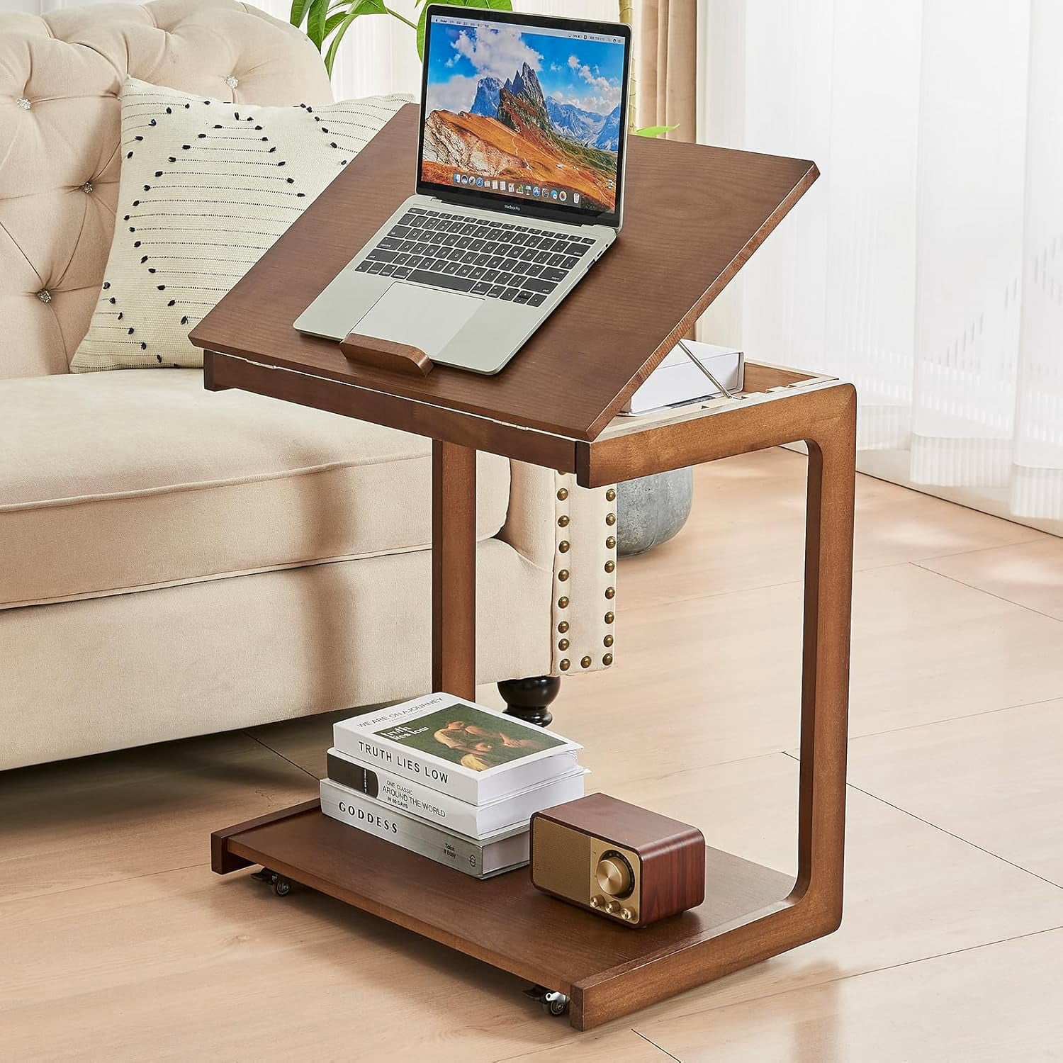 Wooden Laptop Table with Wheels - Small C Shaped Table for Laptop ...