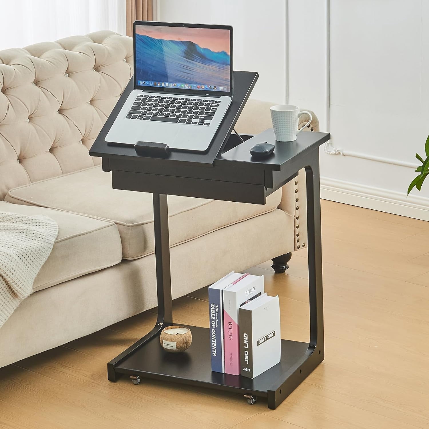Wooden Laptop Table with Wheels - Small C Shaped Table for Laptop ...