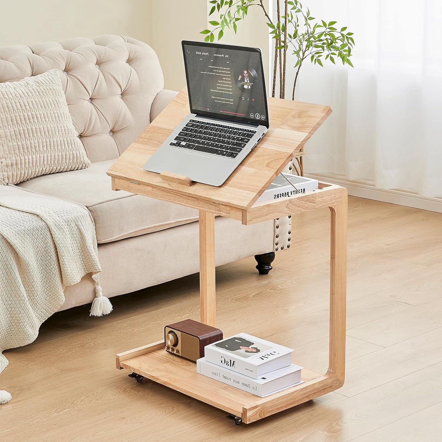 Wooden Laptop Table with Wheels - Small C Shaped Table for Laptop ...