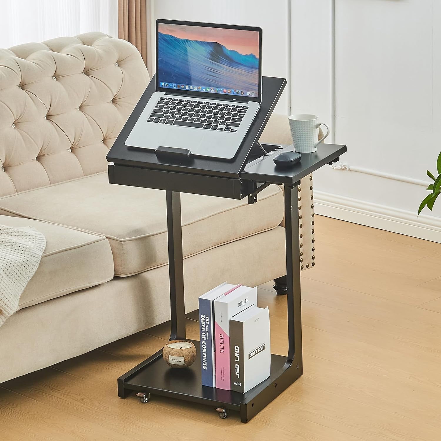 Wooden Laptop Table with Wheels - Small C Shaped Table for Laptop ...