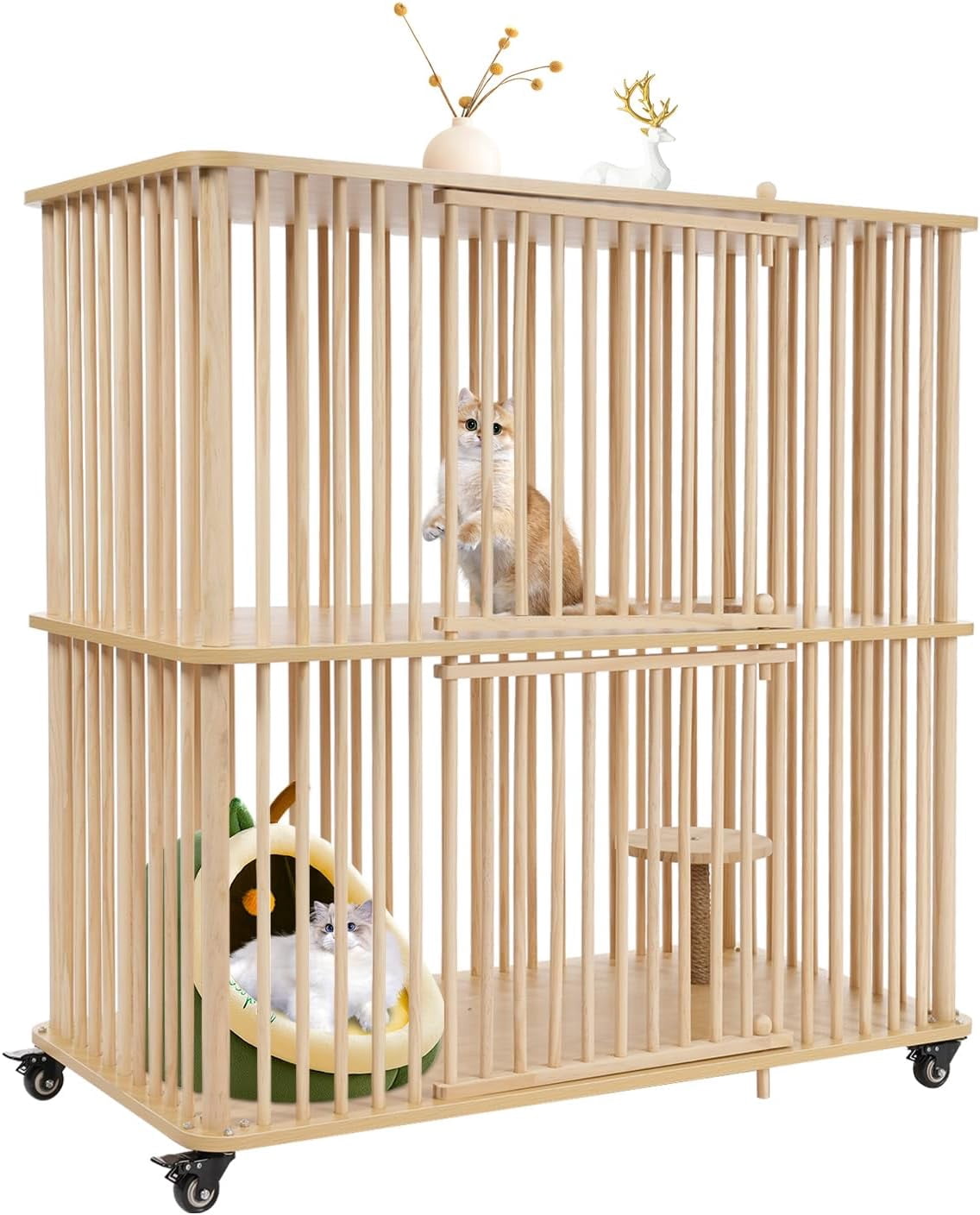 Wooden Large Cat House, 2-Tier Solid Wood Cat Villa with Wheels, 44.1 x ...