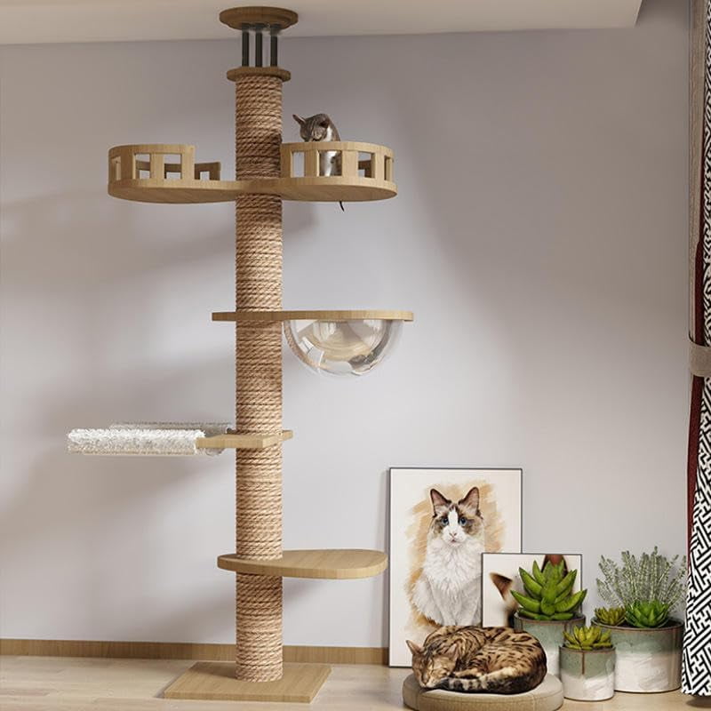 Wooden Large Cat Tree Floor to Ceiling Cat Tower Height Adjustable ...