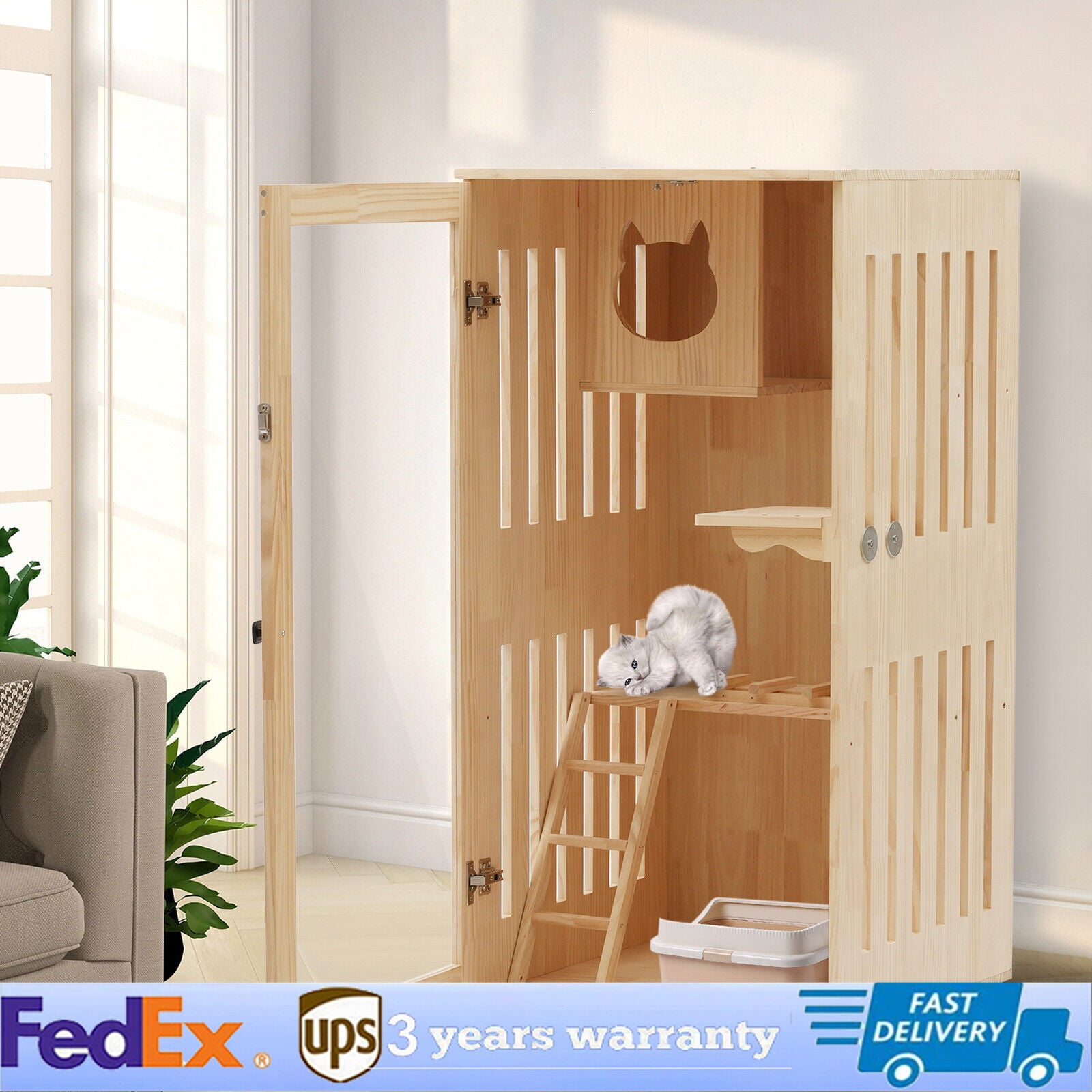 Wooden Large Indoor Cat Enclosure Catio Cage with Ramp and Covered Cat ...