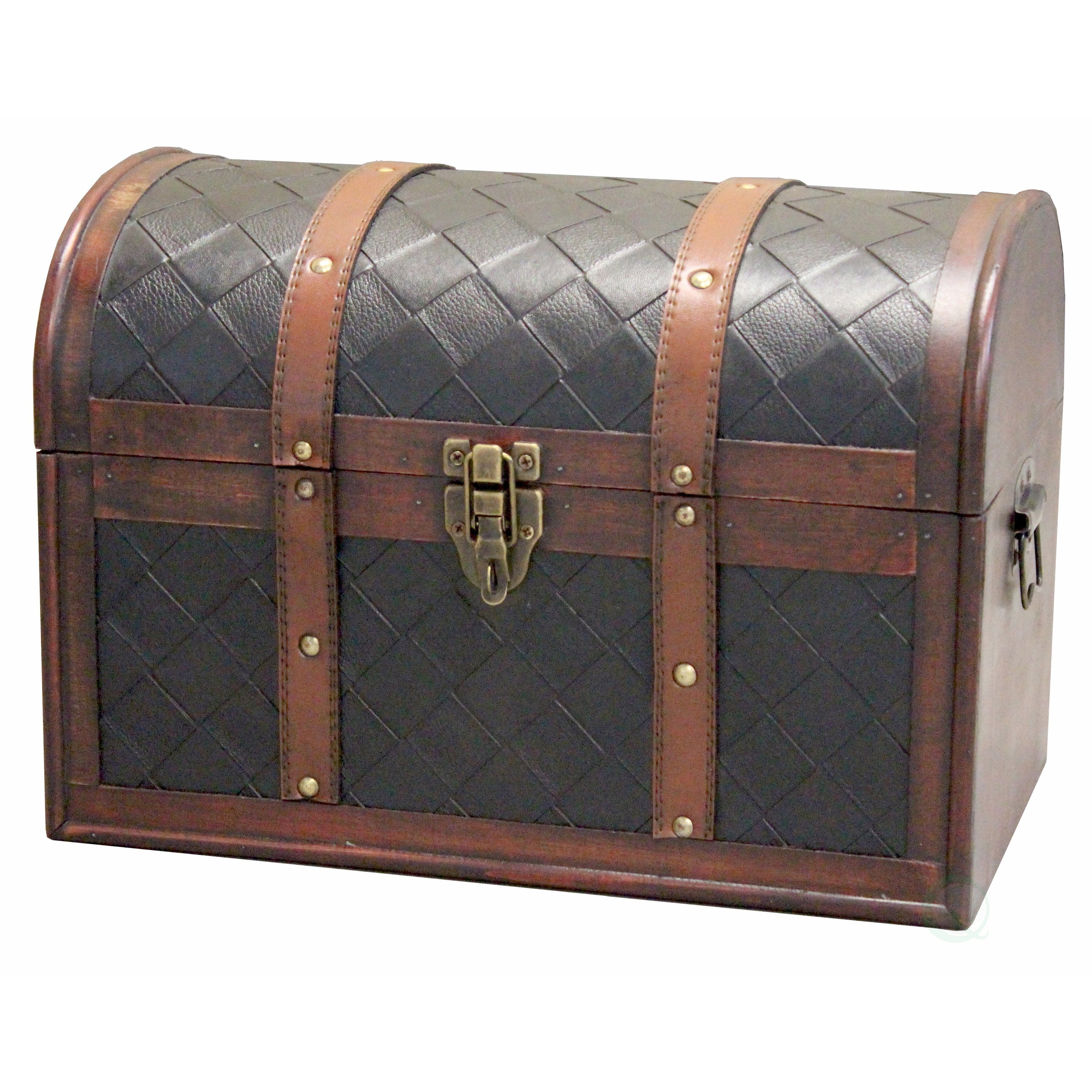 Wooden Leather Round Top Treasure Chest, Decorative storage Trunk with ...