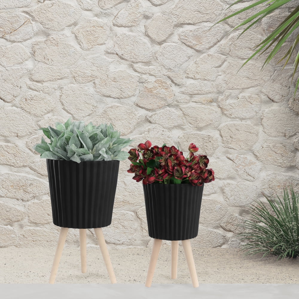 Wooden Leg Planters 10/12 Inch Indoor Outdoor Garden Pots Ridged Design ...