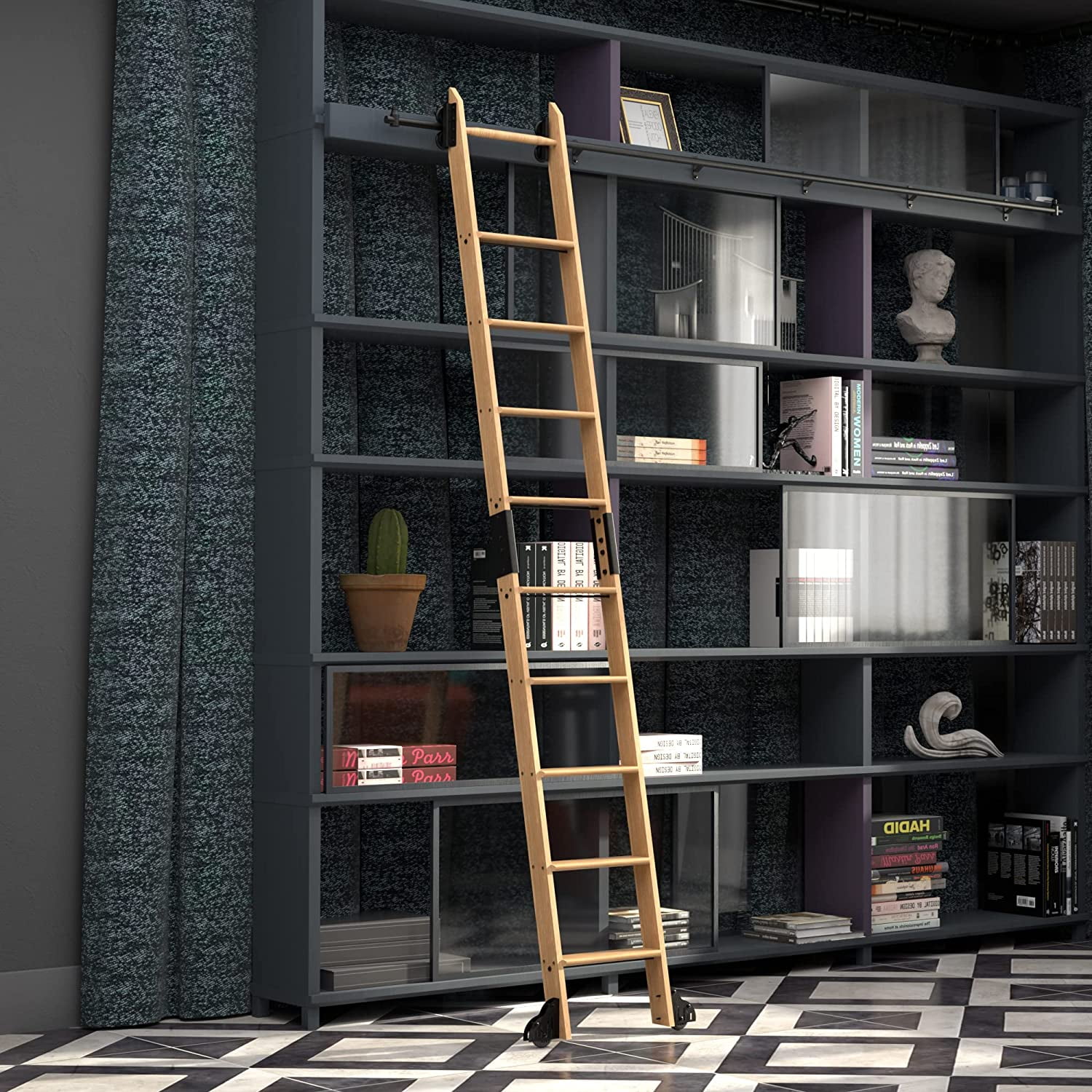 Wooden Library Ladder Kit Red Oak 10 Foot Unassembled - Walmart.com