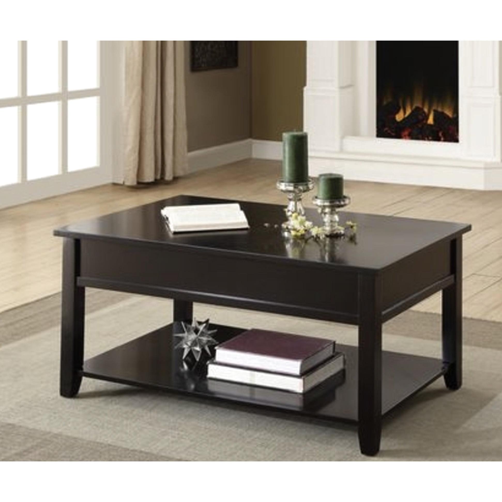 Wooden Lift-top Coffee Table In Black With Hidden Shelf And Stability Faux Drawer Storage ...