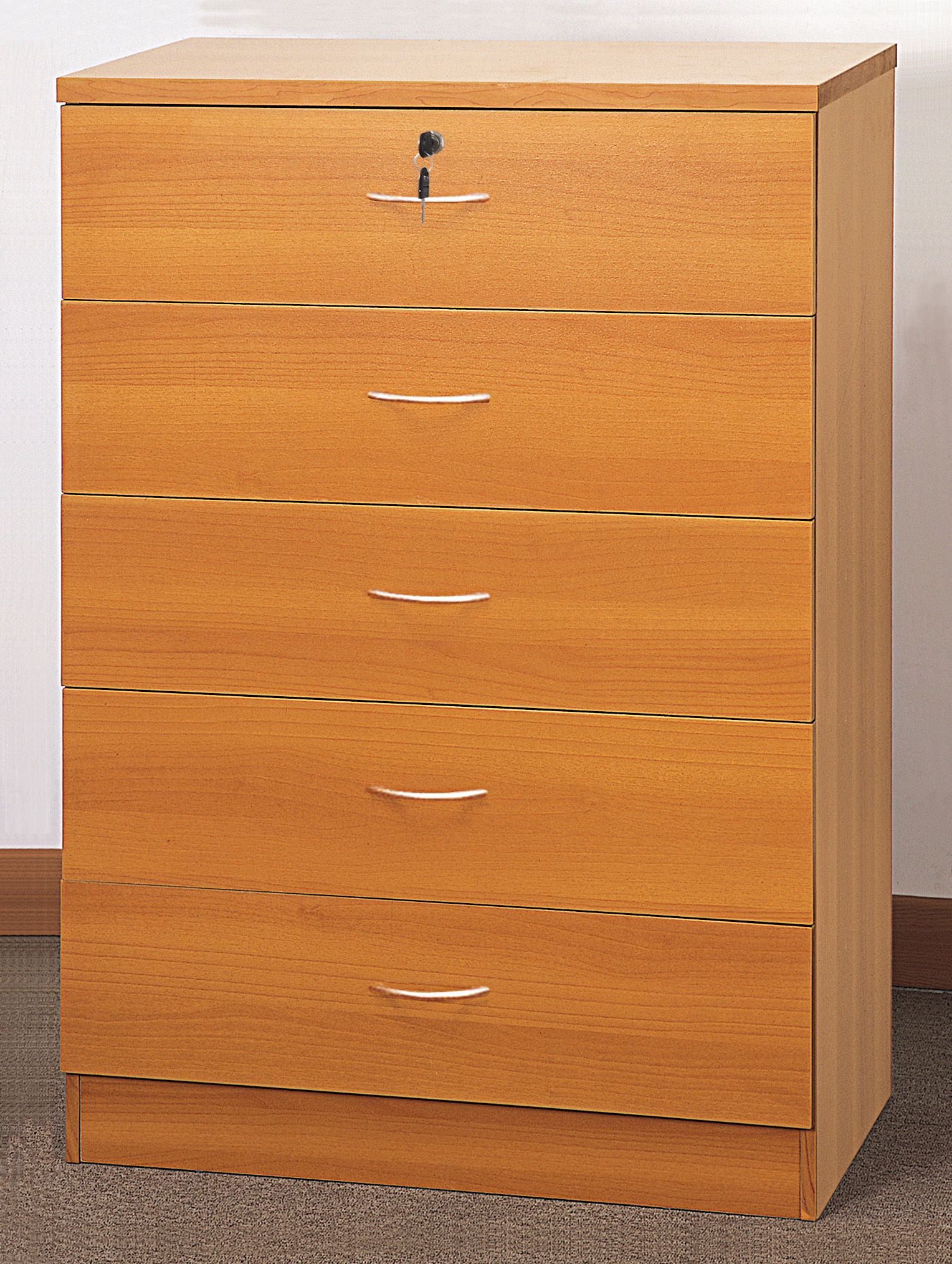 Wooden Light Cherry 5 Drawer Dresser with Lock and Curved Handles ...