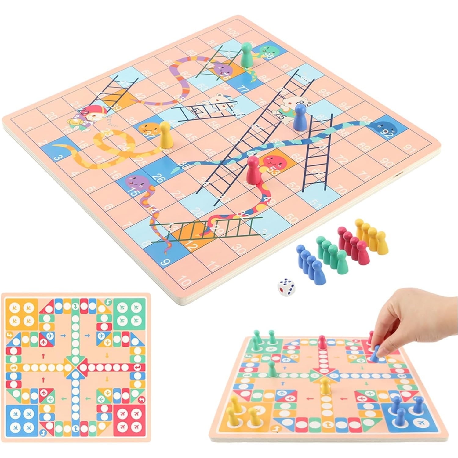 Wooden Ludo Board Game - 2 in 1 Snakes and Ladders - 1-4 Players Family ...