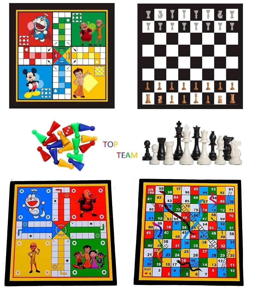Wooden Ludo Board Snakes & Ladders Board & Chess Board Combo With 2 Set Of Ludo Coins 1 Chessmen ...