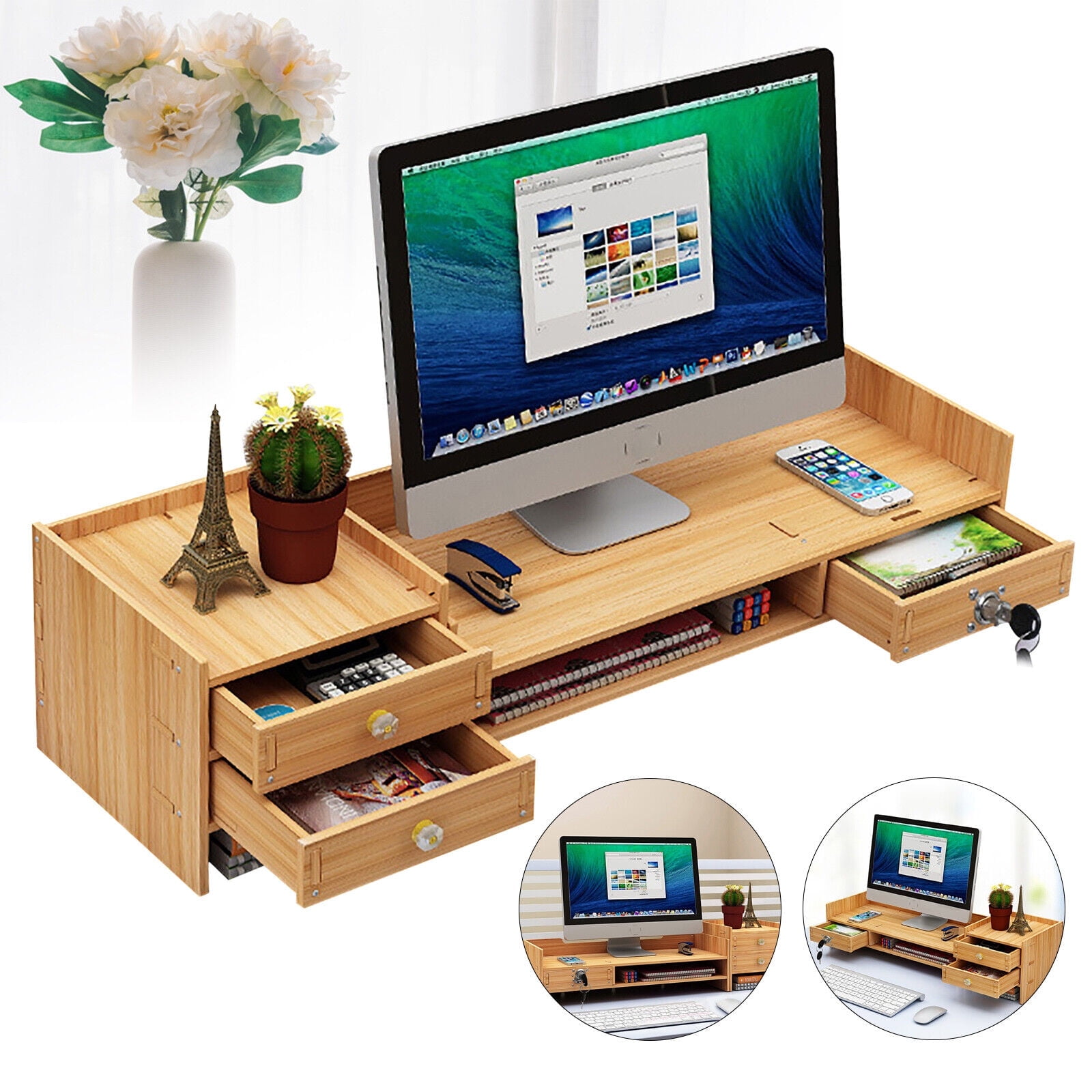 Wooden MDF Desk Organizer with Drawers Office Supplies Computer Desktop ...