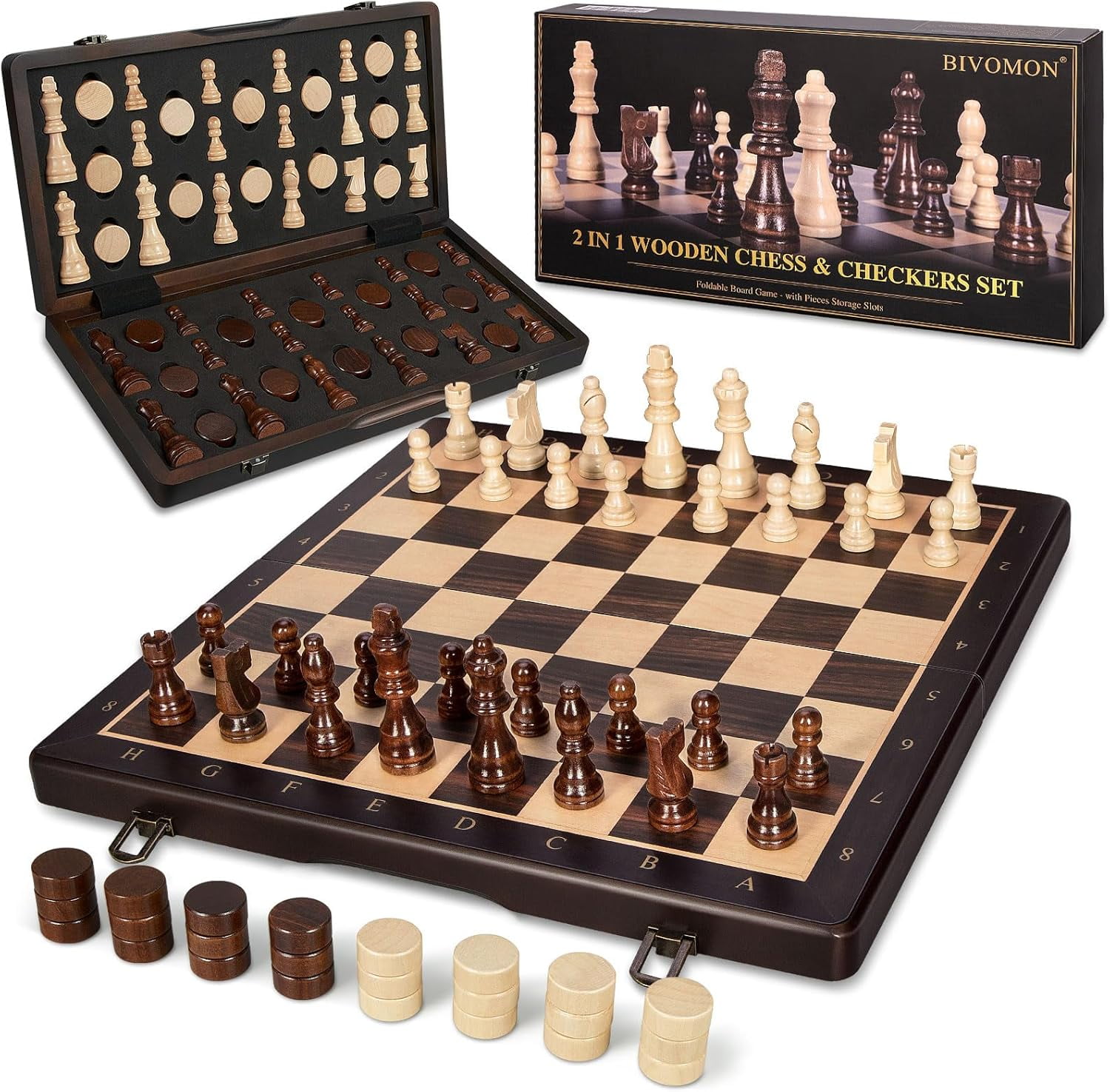 Wooden Magnetic Chess Set & Checkers Board Game- Foldable Chess Board ...