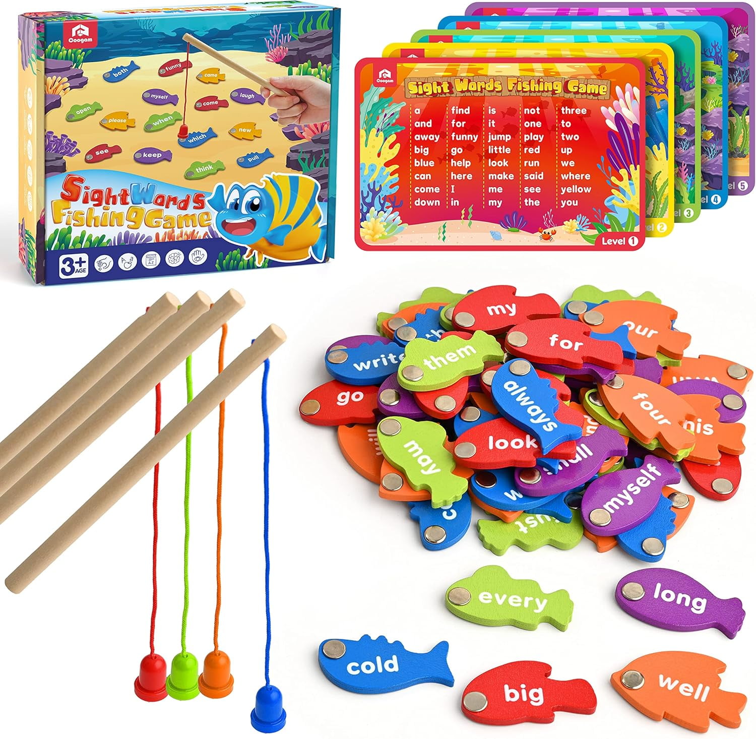 Wooden Magnetic Fishing Sight Words Game Learning Dolch Word Flashcards ...