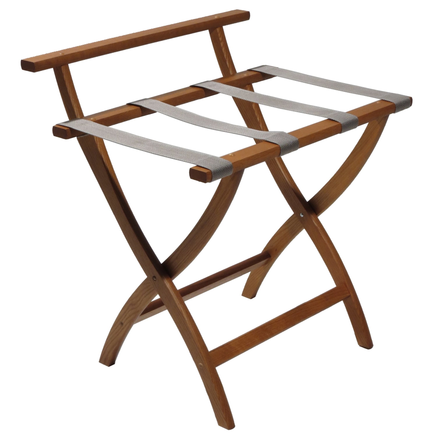 Wooden Mallet Folding Luggage Rack, Medium Oak, Gray Straps, Wall Saver ...