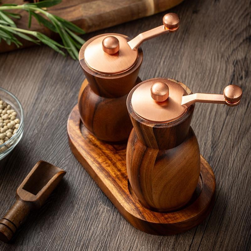 Wooden Manual Pepper Grinder, 1 Set Hand Crank Spice Grinder with Base ...