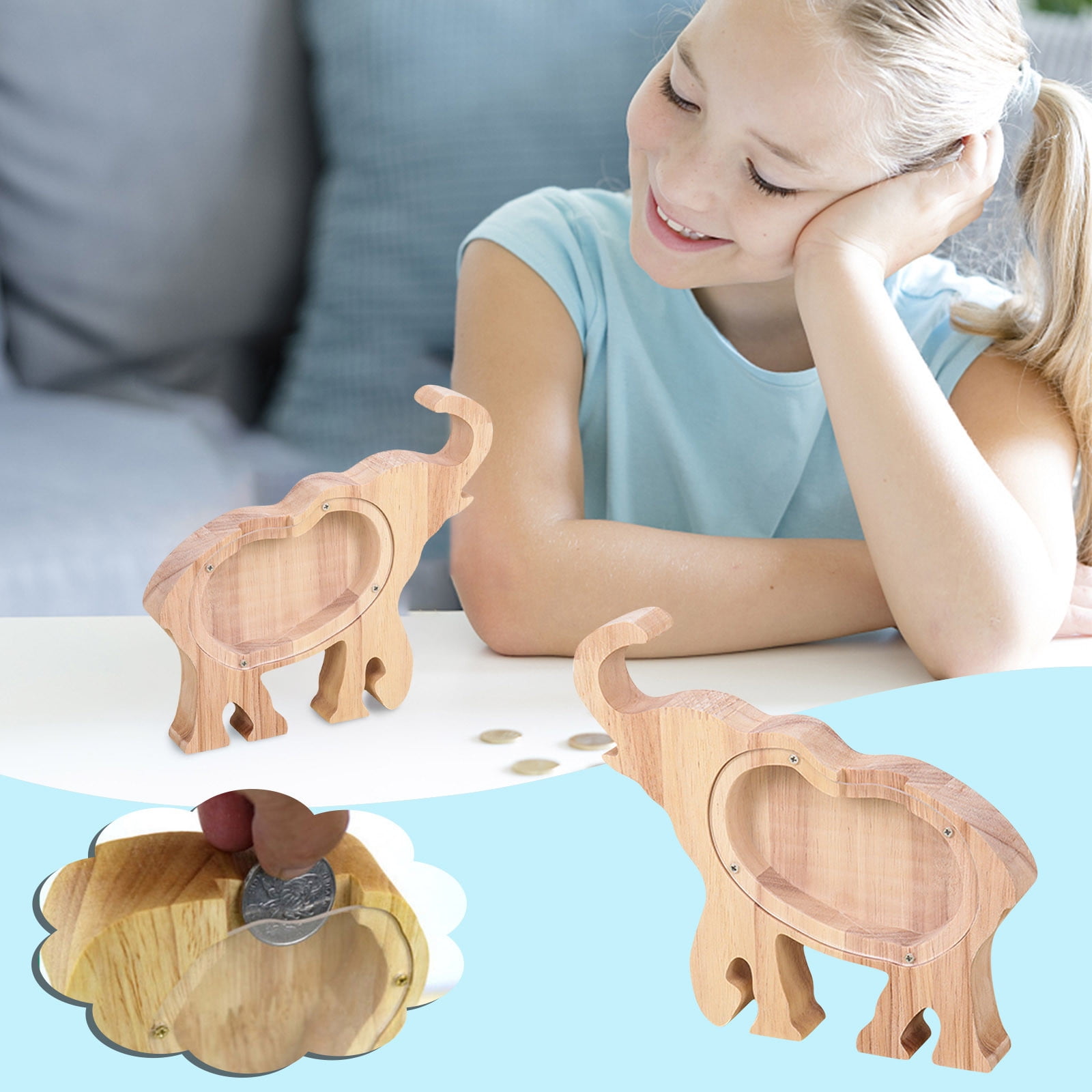 Wooden Money Bank for Kids, Handmade Solid Wood Coin Bank with ...