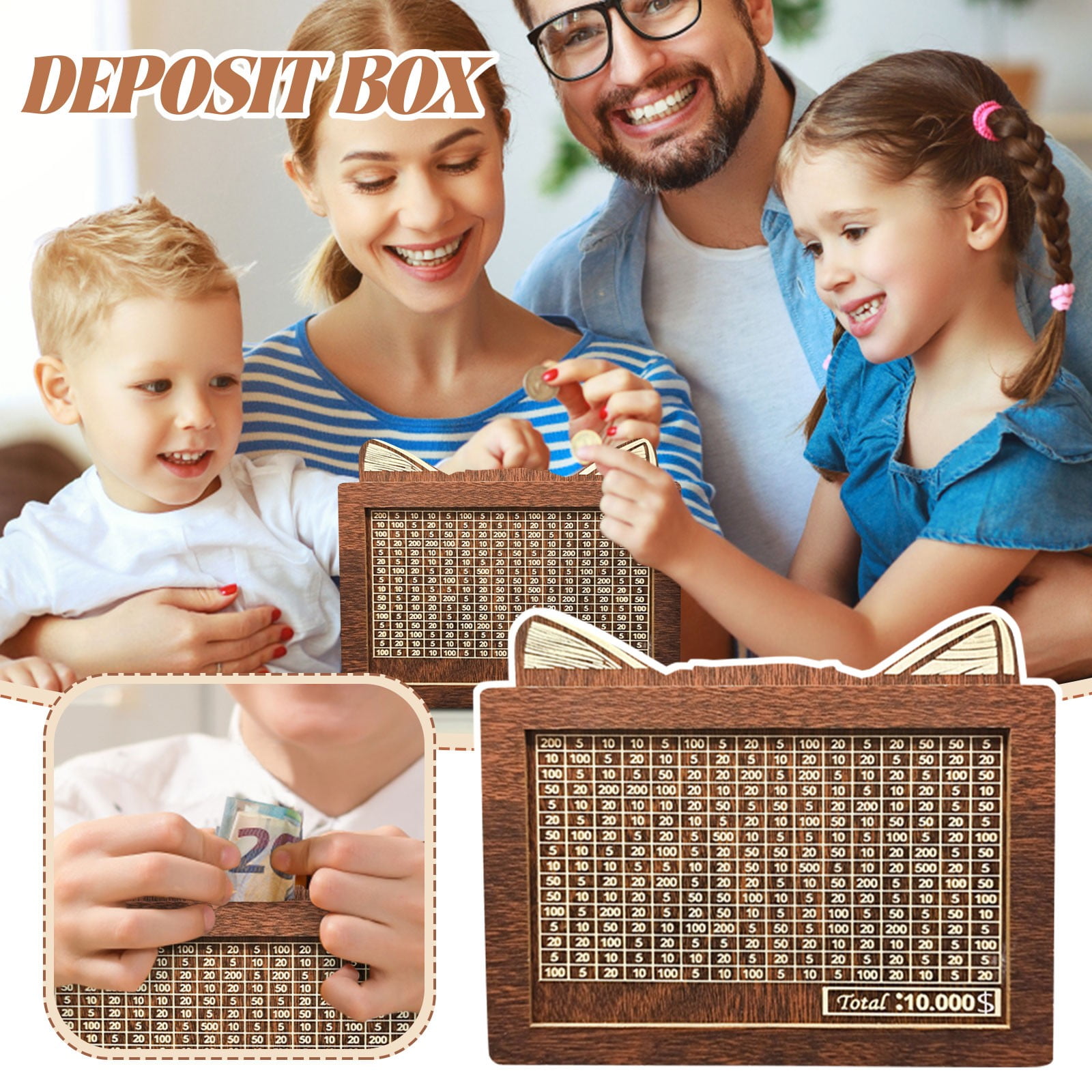 Wooden Money Box 10,000 Dollars, Cat Ear Shape Wooden Piggy Bank with ...