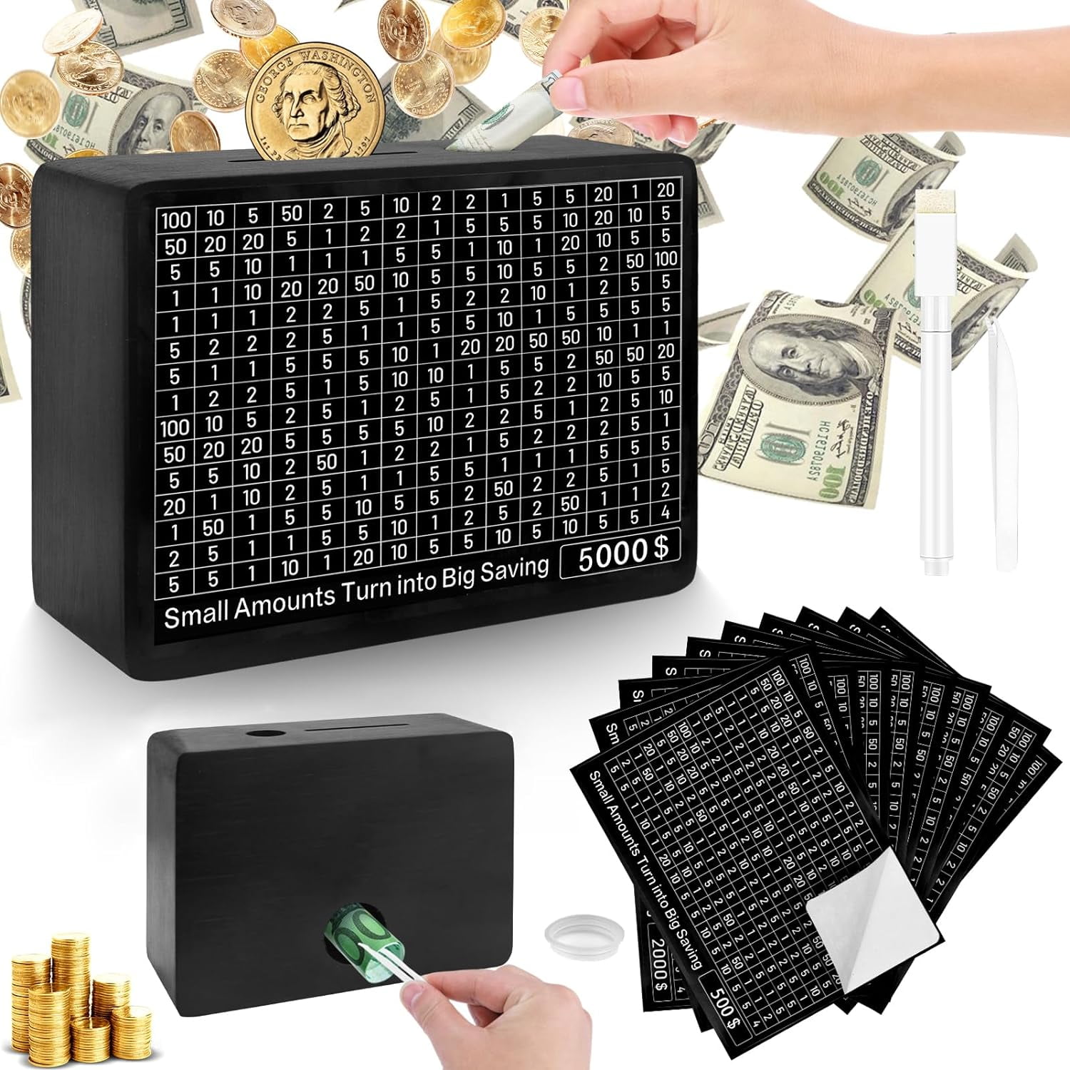 Wooden Money Box with 8 Saving Targets, Black One Piece Cash Vault ...