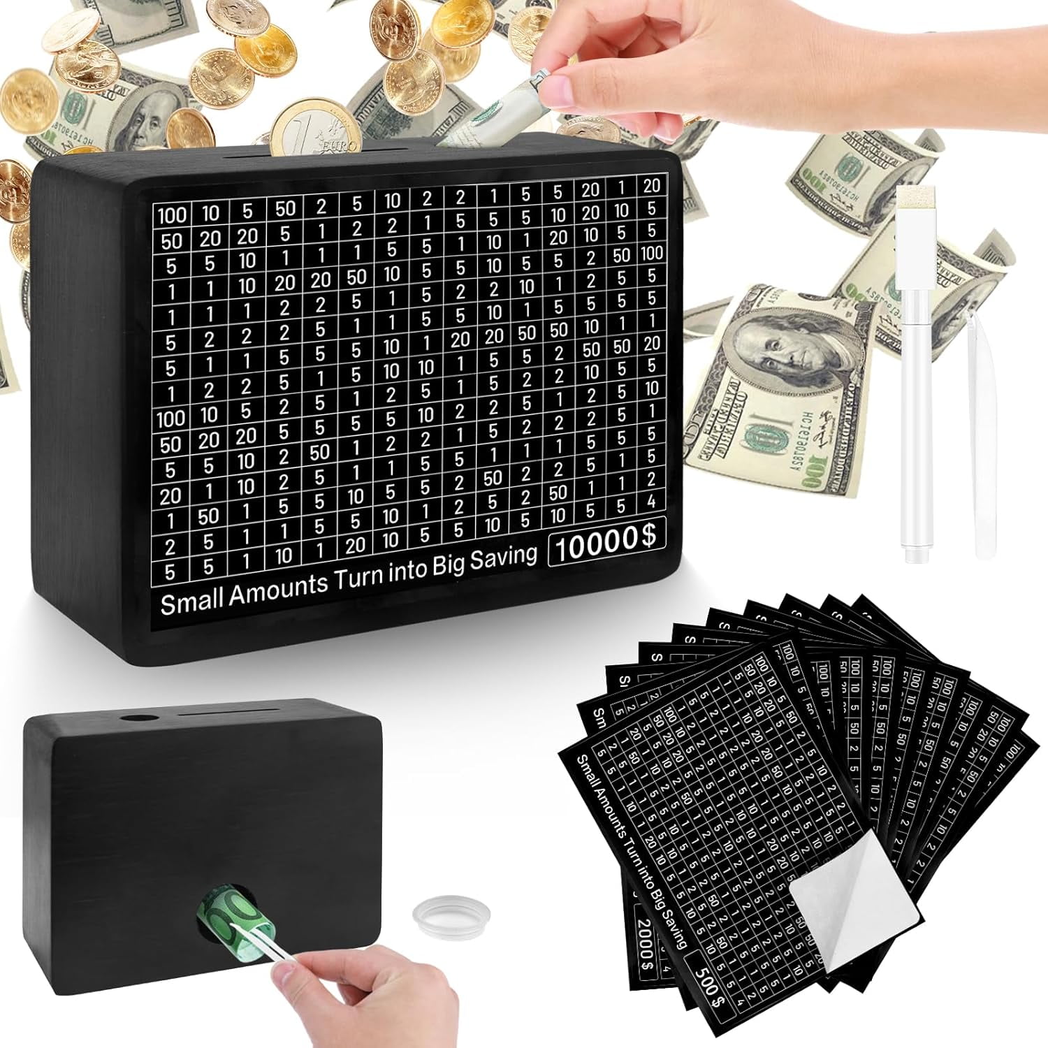 Wooden Money Box with 8 Saving Targets, Black One Piece Cash Vault ...