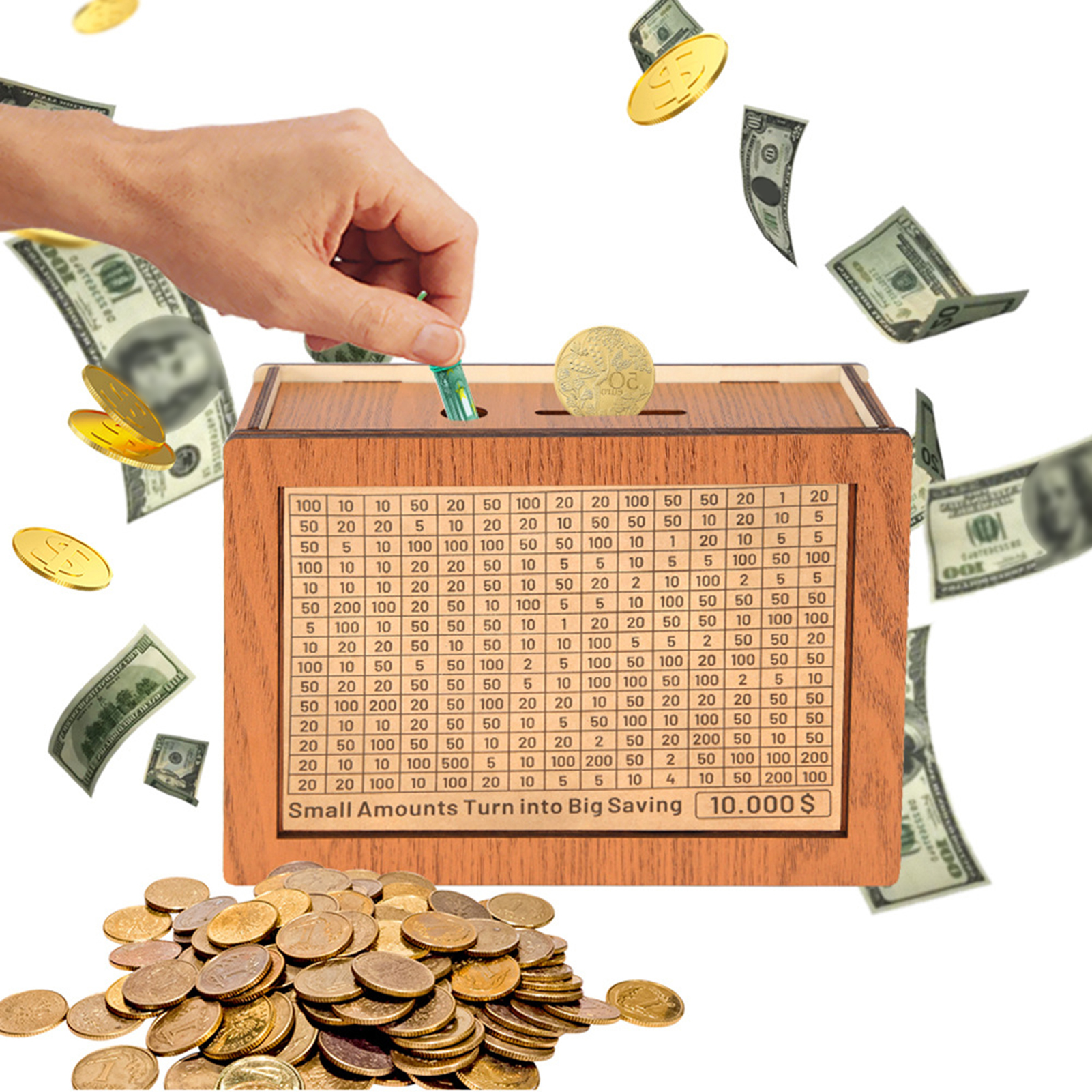 Wooden Money Box with 8 Target Number Stickers Euro USD Piggy Bank Coin ...