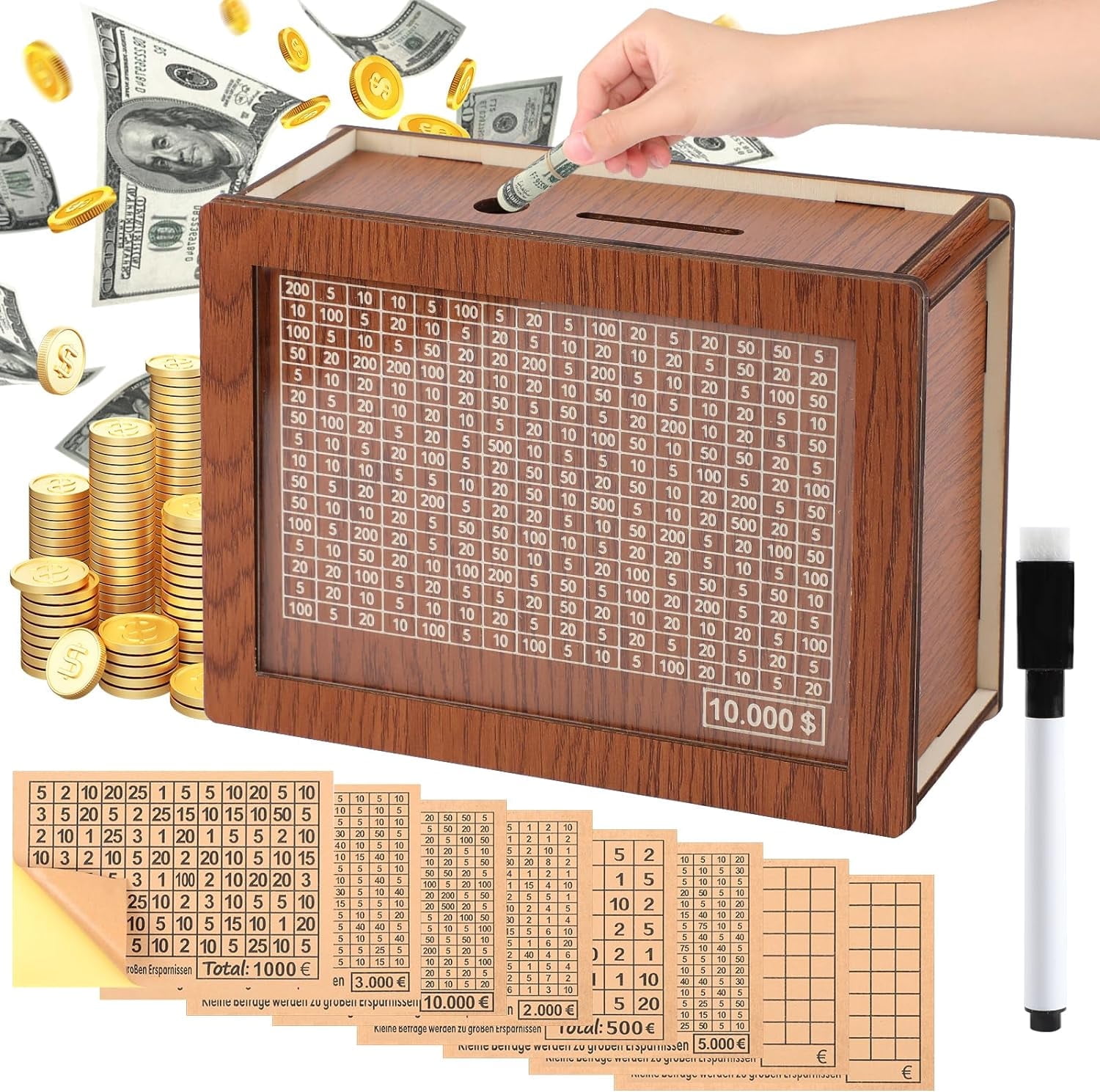 Wooden Money Saving Box with Target and Numbers, Including 1 Mark Pen ...