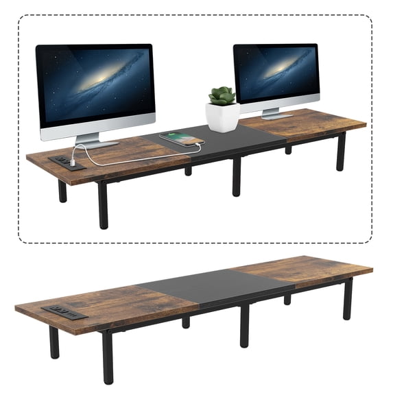 Wooden Monitor Stand Riser with USB Ports, Long Desktop Computer Shelf ...