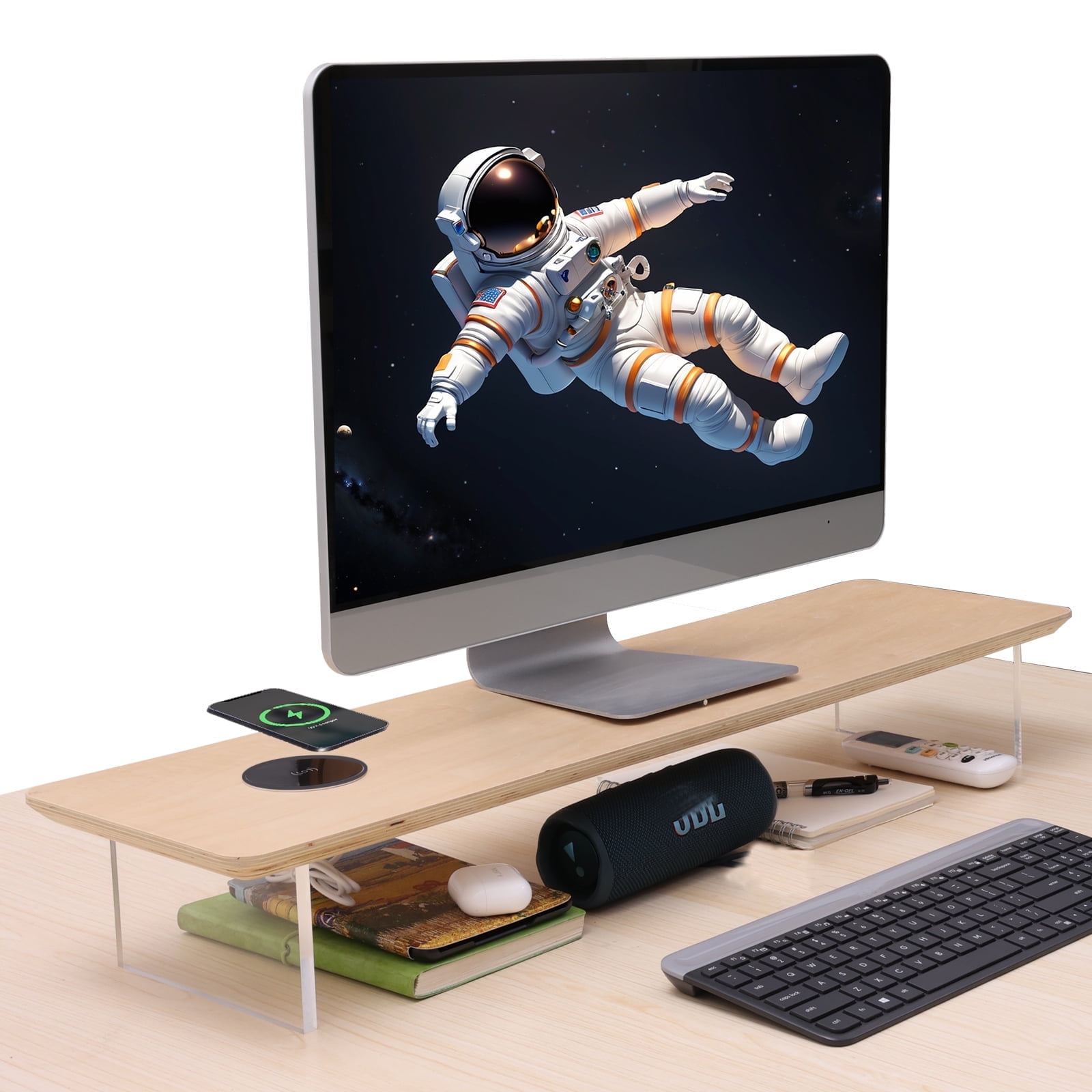 Wooden Monitor Stand Riser with Wireless Charging 31.5Inch Large ...