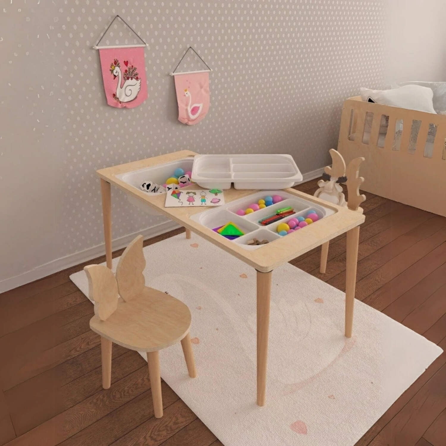Wooden Montessori Toddler Activity Table with Built-In Toys Shelf ...