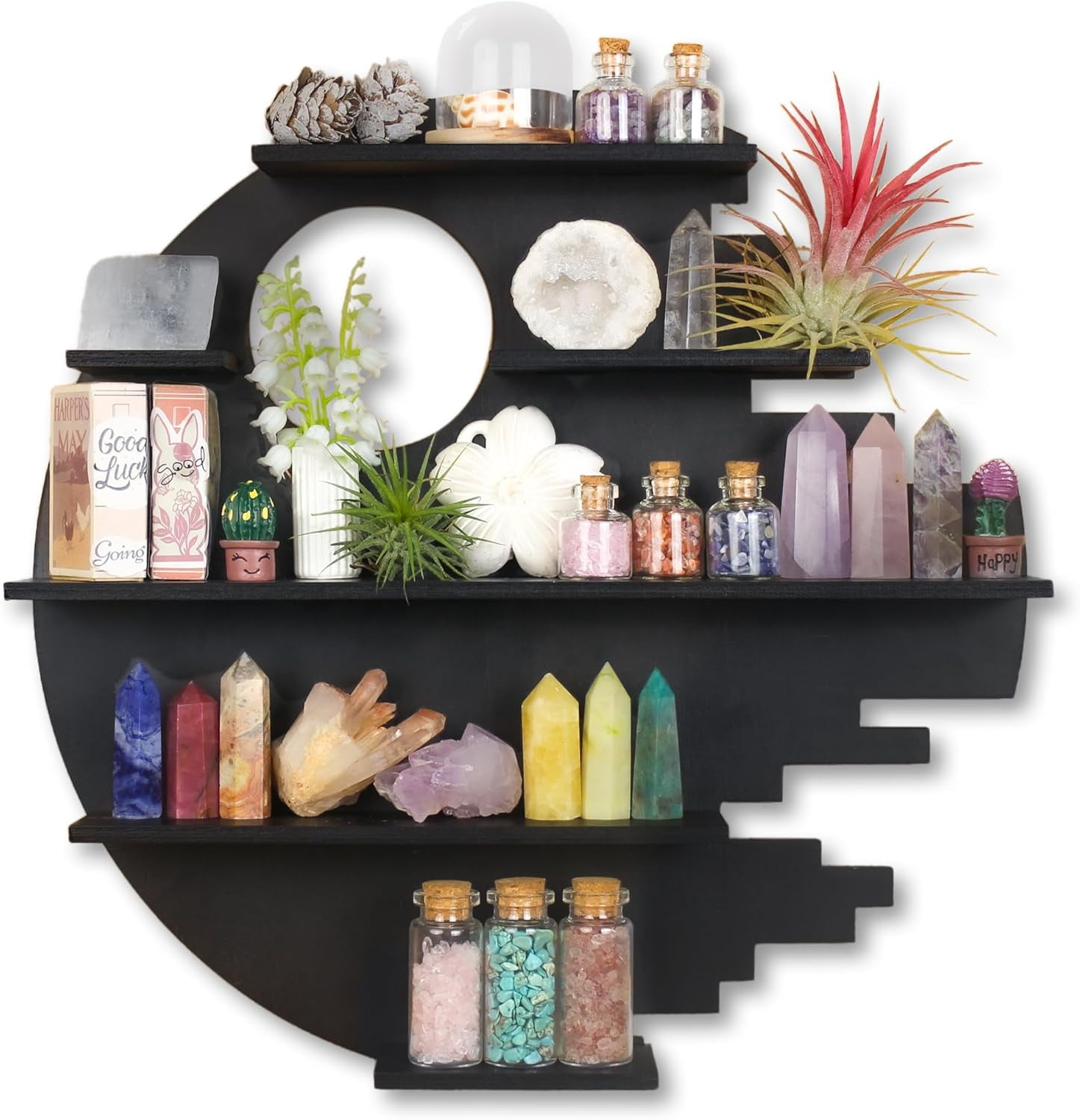 Wooden Moon Shelf, Crystal Shelf Display for Wall Rock Gem Stone ...