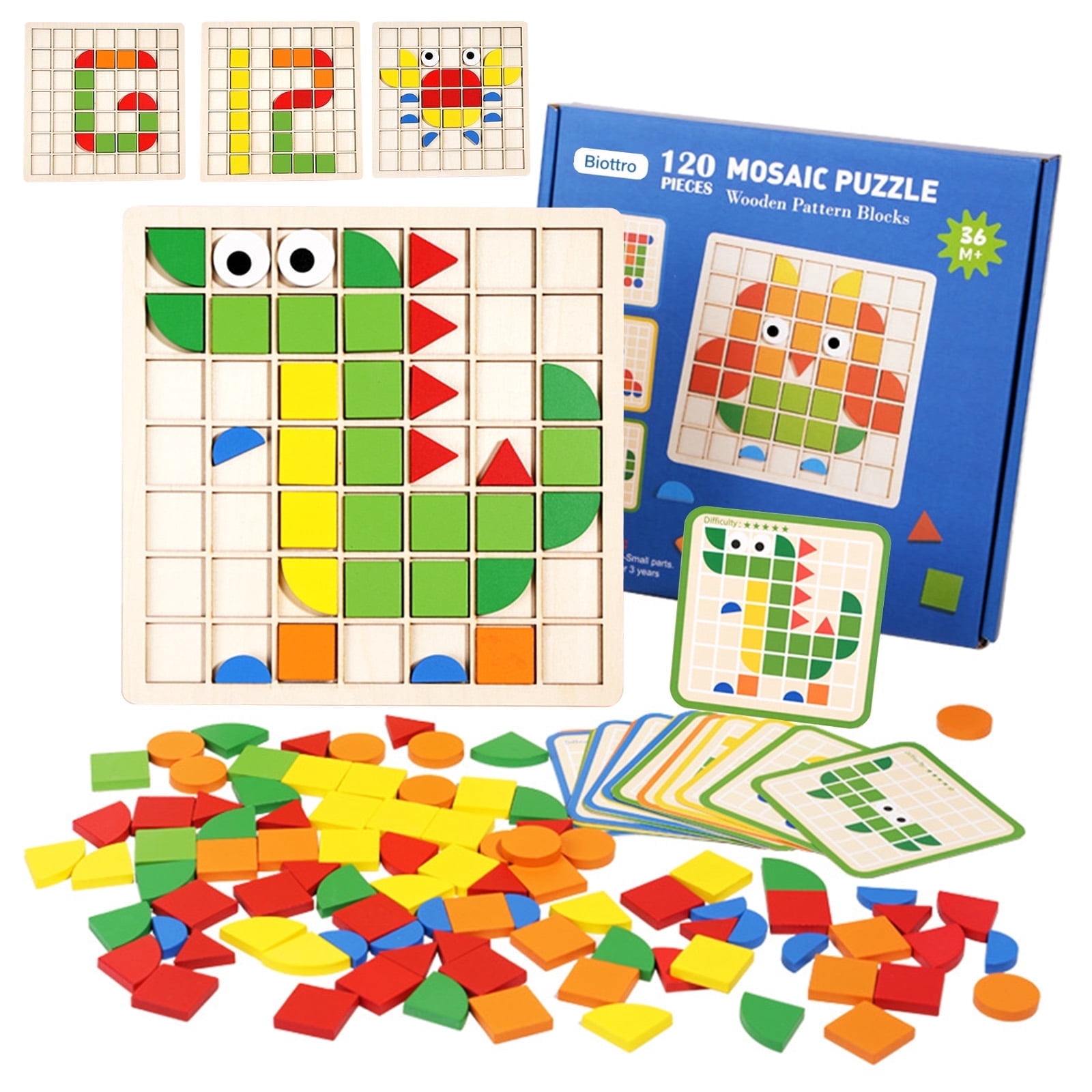 Wooden Mosaic Puzzle 120PCS Shape Pattern Blocks Preschool Learning ...