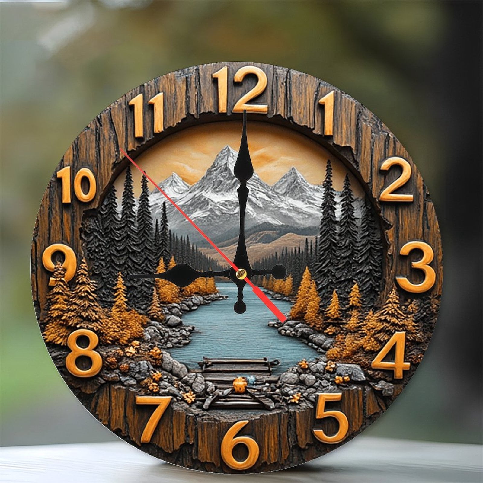 Wooden Mountain Lake Wall Clock 10-Inch Silent Wooden Wall Clock ...