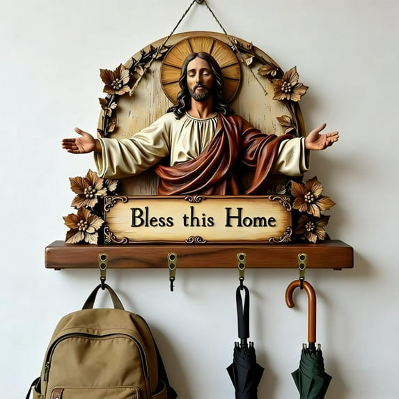 Wooden Multifunctional Home Key Holder - Flat Jesus Communion Wall Art ...