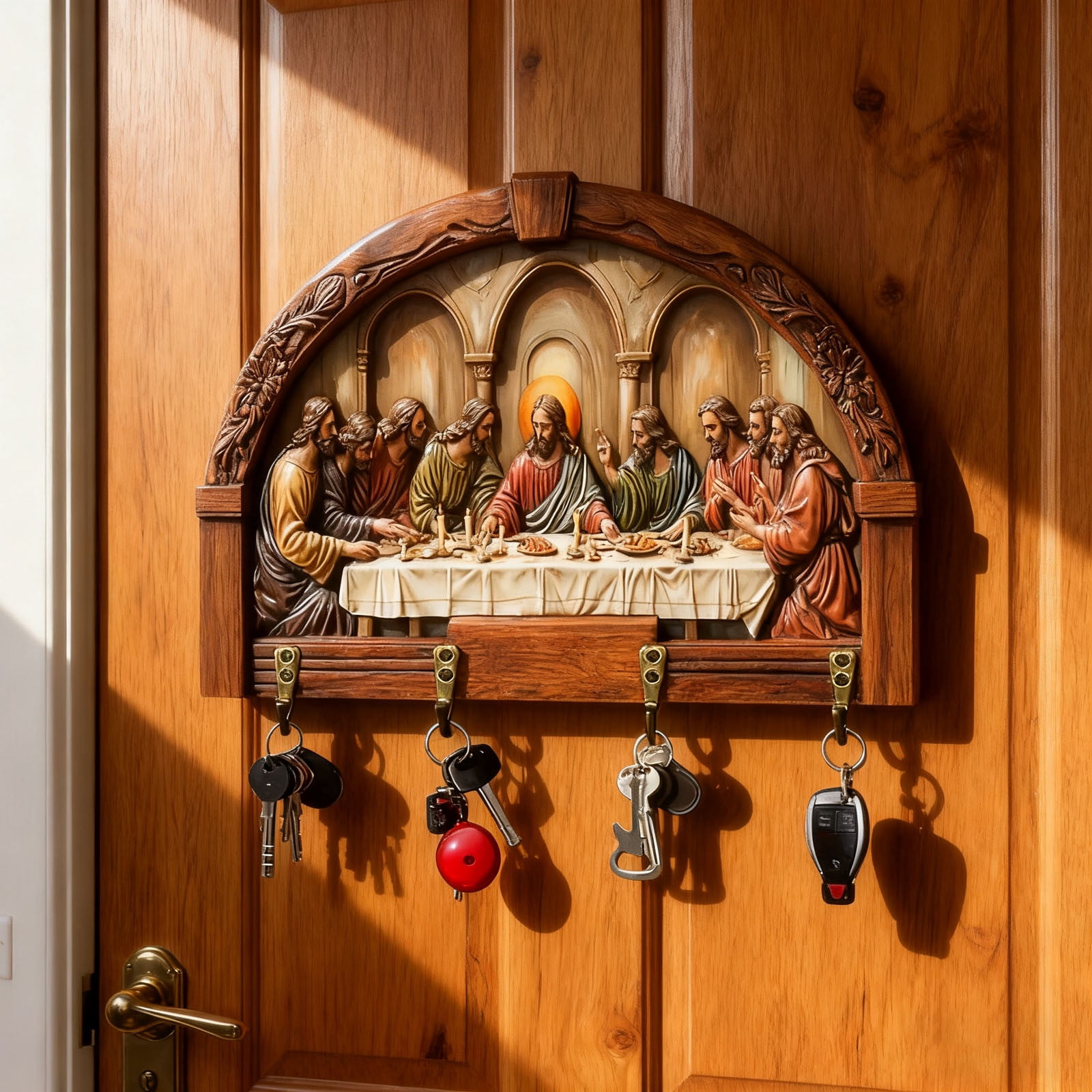 Wooden Multifunctional Key Holder - 2D Flat Wall Art With 4 Hooks ...
