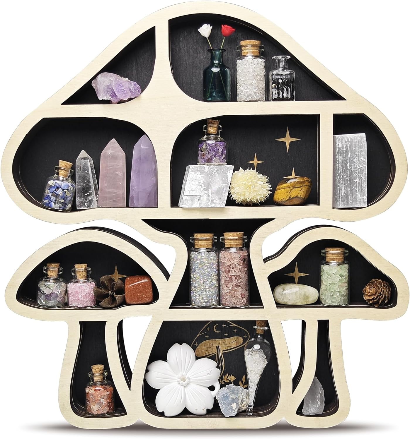 Wooden Mushroom Floating Shelves, Crystal Display Shelf for Wall, Cute ...